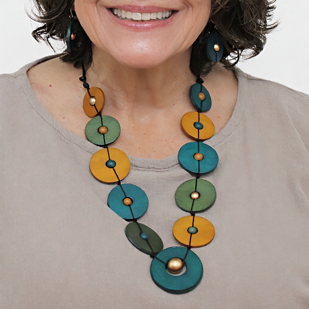 Teal Wood Unity Necklace - Handcrafted Circle Bead Statement Jewelry ...