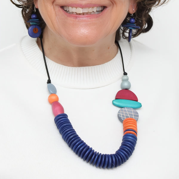 Blue Contemporary Phoenix Necklace - Bold Wood Bead Statement Jewelry ...