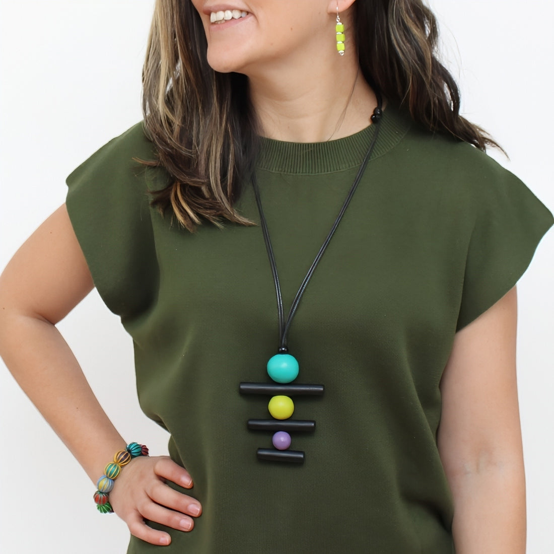 Turquoise Linear Layers Pendant Necklace - Adjustable Wood Statement ...